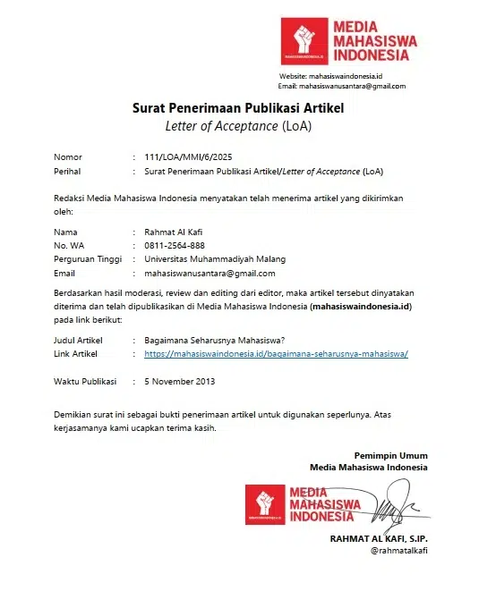 Contoh Letter of Acceptance (LoA) atau Surat Penerimaan Publikasi Artikel di Media Mahasiswa ...